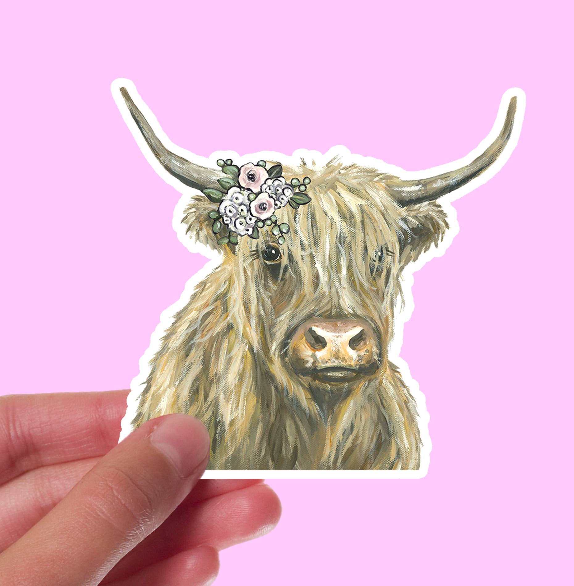 Boho Highland Cow Sticker, 4" Sticker, Cute Cow Sticker